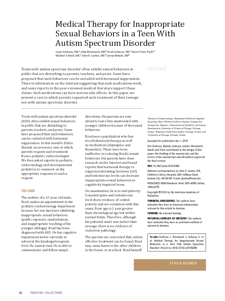 Medical Therapy for Inappropriate Sexual Behaviors in a Teen With ...