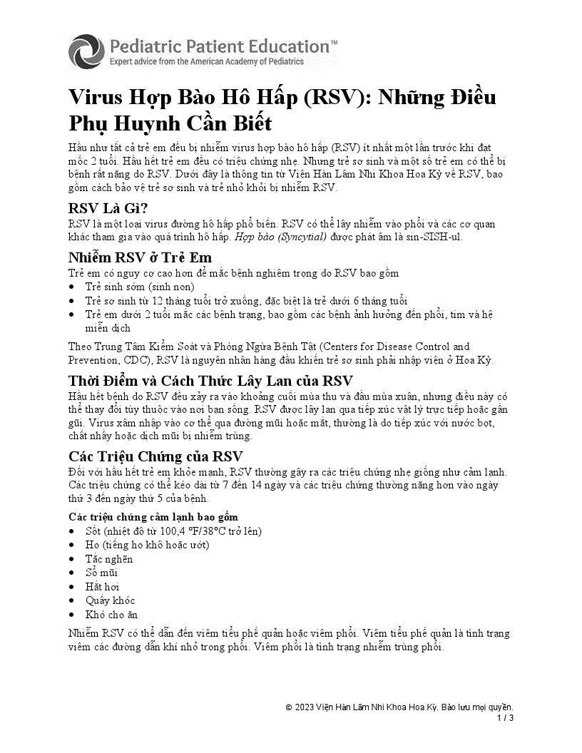 Respiratory Syncytial Virus (RSV)—Vietnamese | Pediatric Patient ...