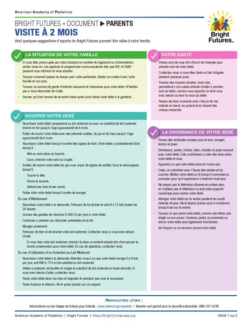 Bright Futures Parent Handout: 2 Month Visit—French | Pediatric Patient ...