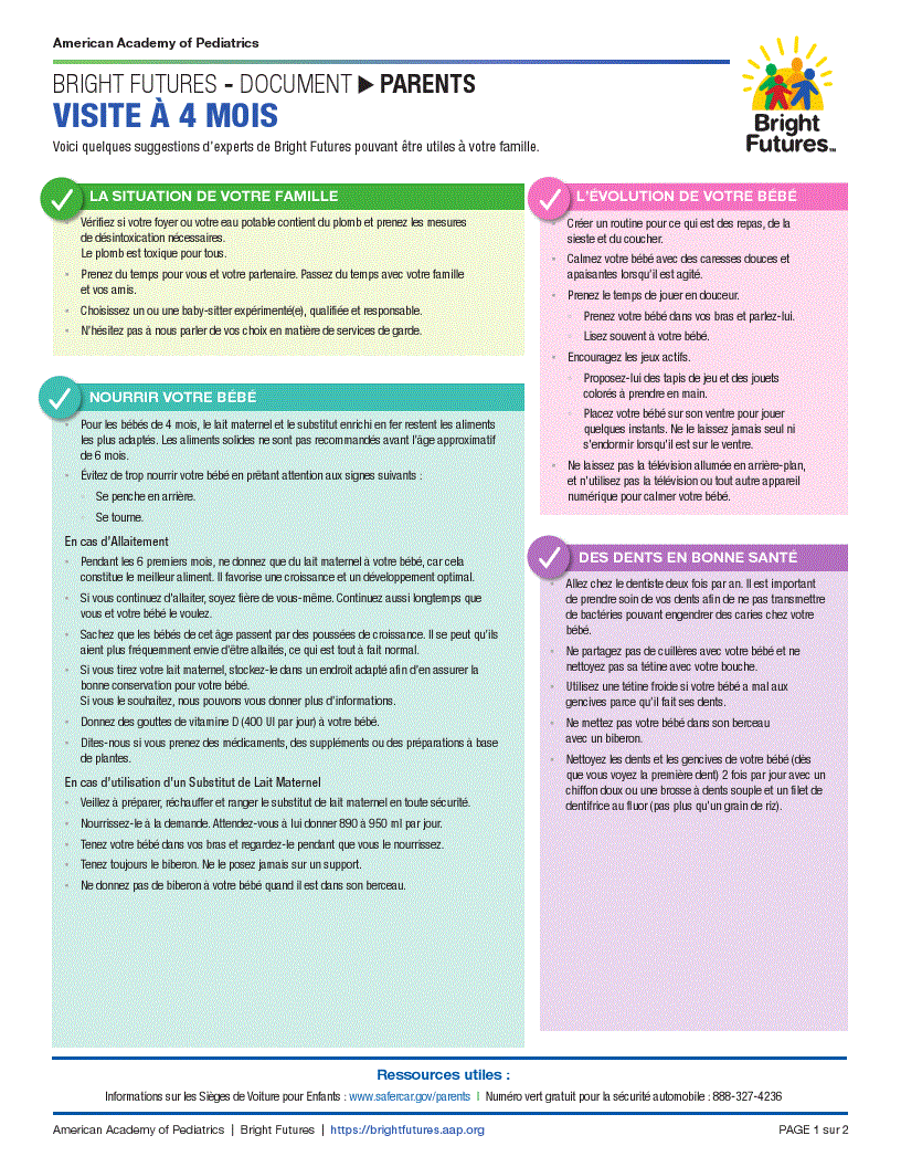 Bright Futures Parent Handout: 4 Month Visit—French | Pediatric Patient ...