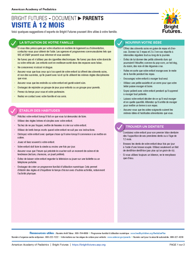 Bright Futures Parent Handout: 12 Month Visit—French | Pediatric ...