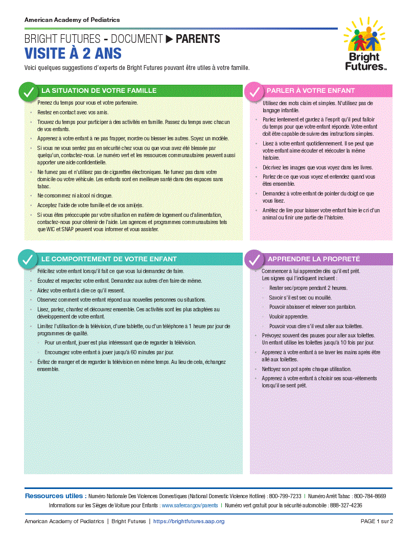 Bright Futures Parent Handout: 2 Year Visit—French | Pediatric Patient ...
